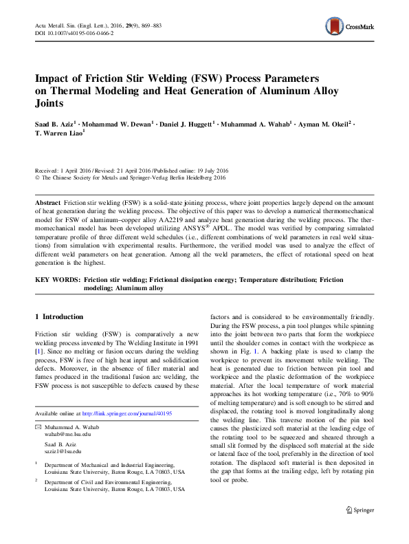 (PDF) Impact of Friction Stir Welding (FSW) Process Parameters on ...