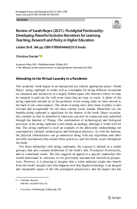 (PDF) Review of Sarah Hayes (2021). Postdigital Positionality: Developing Powerful Inclusive ...