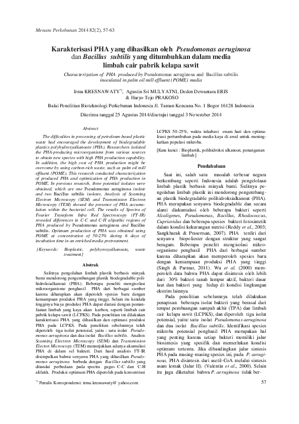 (PDF) Karakterisasi PHA yang dihasilkan oleh Pseudomonas aeruginosa dan Bacillus subtilis yang ...
