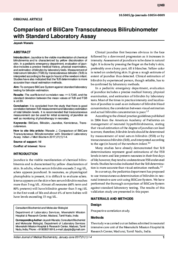 (PDF) Comparison of BiliCare Transcutaneous Bilirubinometer with ...