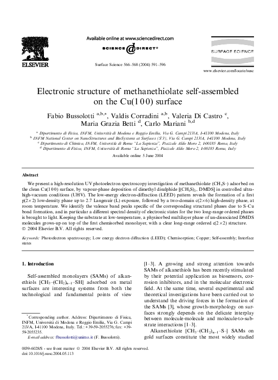 (PDF) Electronic structure of methanethiolate self-assembled on the Cu ...