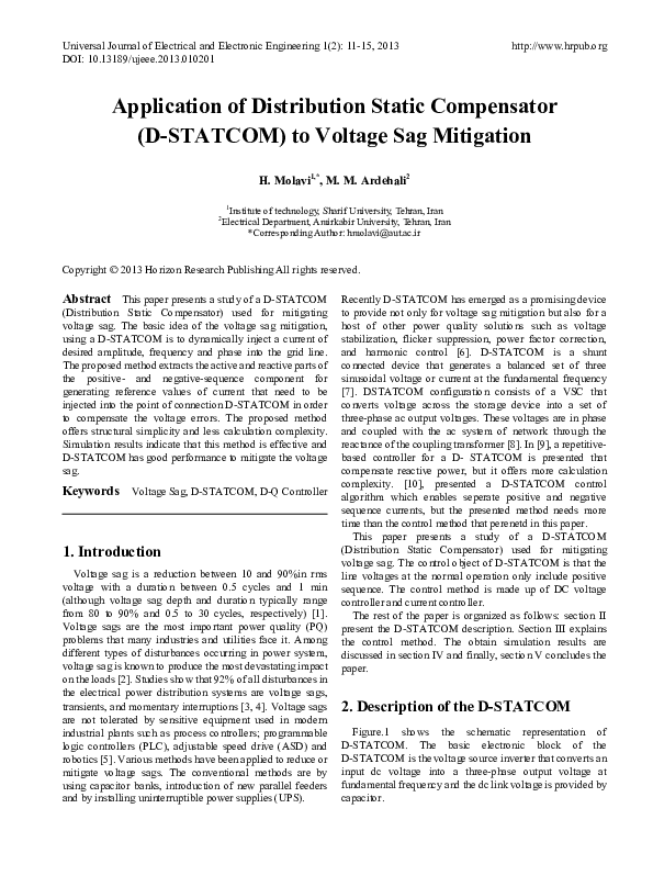 Pdf Application Of Distribution Static Compensator D Statcom To Voltage Sag Mitigation