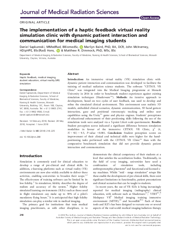 (PDF) The implementation of a haptic feedback virtual reality simulation clinic with dynamic ...