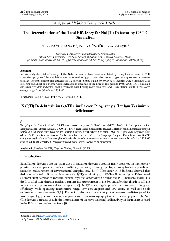 (PDF) The Determination of the Total Efficiency for NaI(Tl) Detector by GATE Simulation