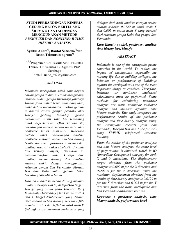 (PDF) Studi Perbandingan Kinerja Gedung Beton Bertulang SRPMK 6 Lantai Dengan Menggunakan Metode ...