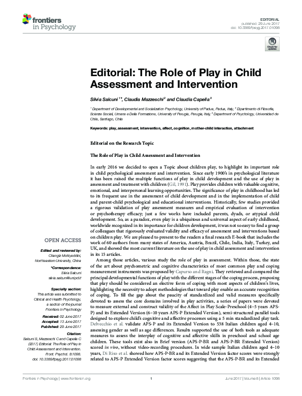 (PDF) Editorial: The Role of Play in Child Assessment and Intervention