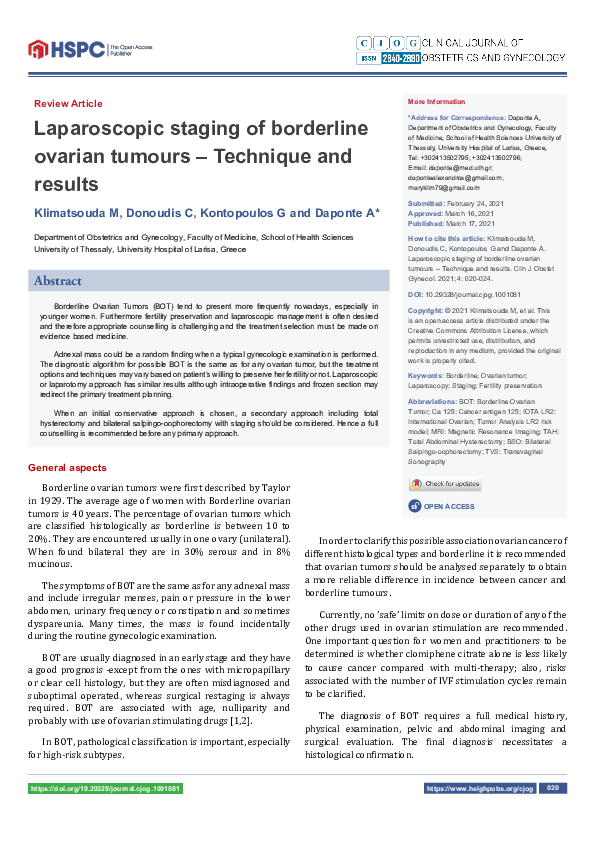 (PDF) Laparoscopic staging of borderline ovarian tumours – Technique ...