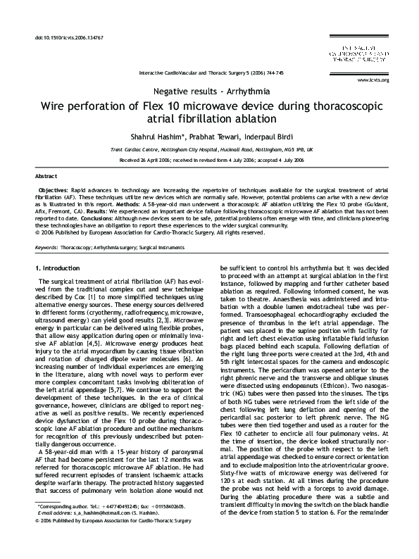 (PDF) Wire perforation of Flex 10 microwave device during thoracoscopic ...