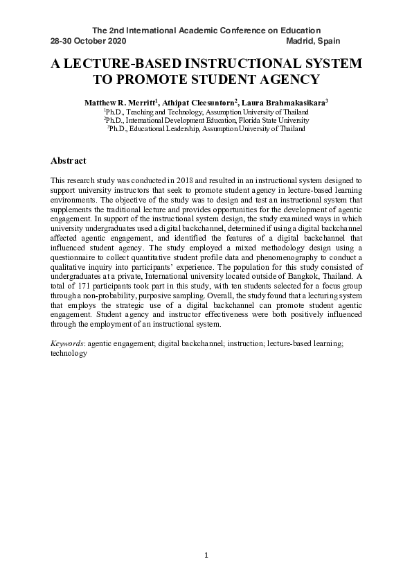 (PDF) A LECTURE-BASED INSTRUCTIONAL SYSTEM TO PROMOTE STUDENT AGENCY ...