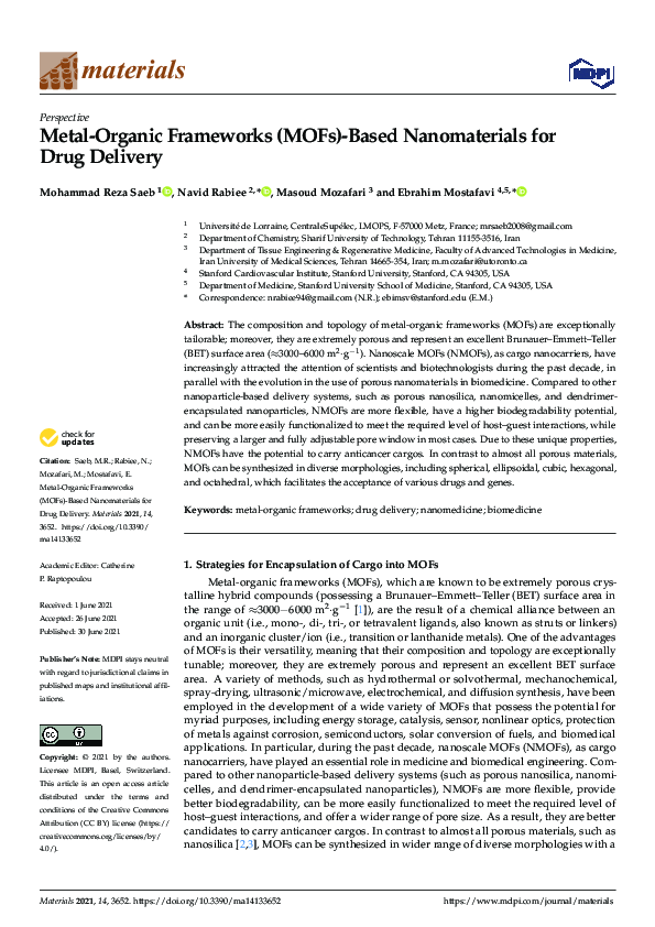(PDF) Metal-Organic Frameworks (MOFs)-Based Nanomaterials for Drug Delivery