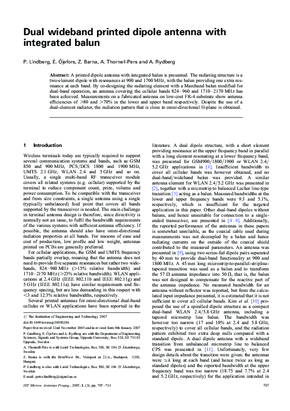 (PDF) Dual wideband printed dipole antenna with integrated balun