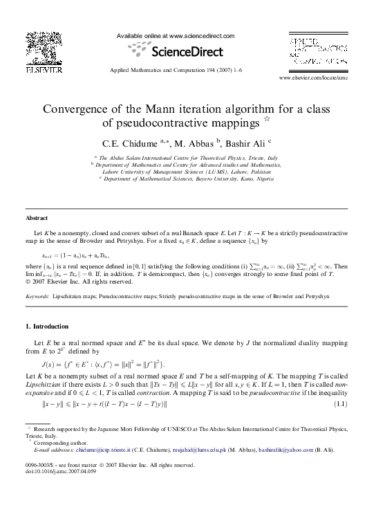 Pdf Convergence Of The Mann Iteration Algorithm For A Class Of Pseudocontractive Mappings
