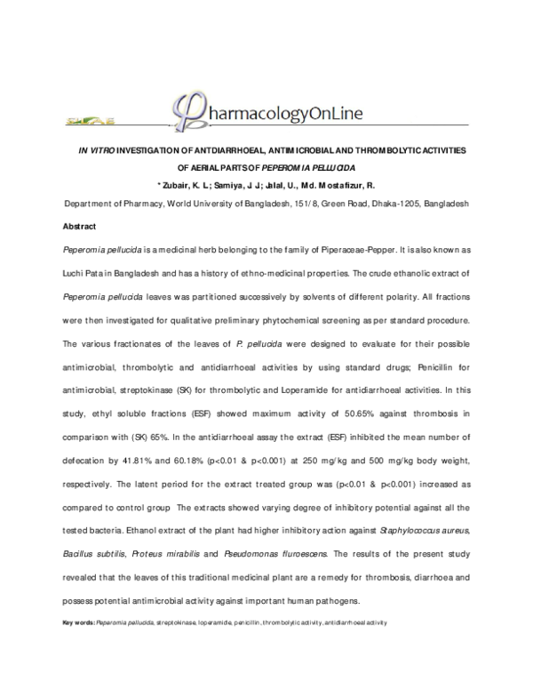(PDF) In Vitro Investigation of Antdiarrhoeal, Antimicrobial and Thrombolytic Activities of ...
