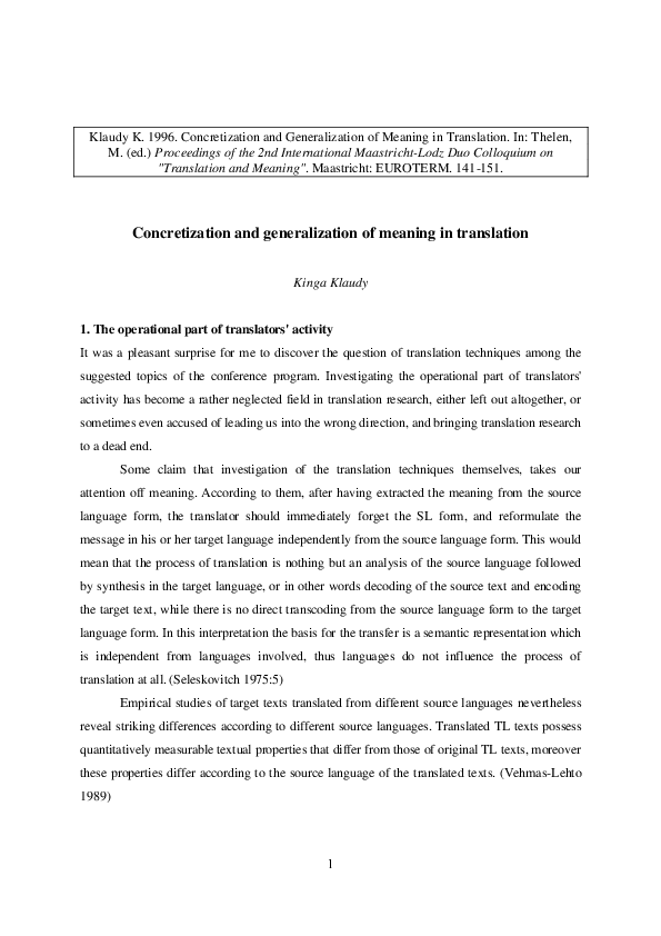 (PDF) Concretisation and Generalisation of Meaning in Translation