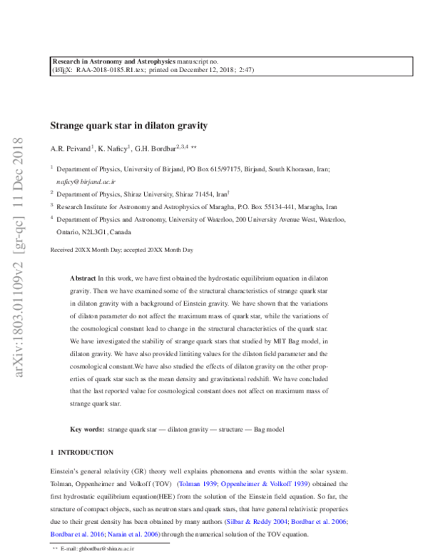 (PDF) Strange quark star in dilaton gravity