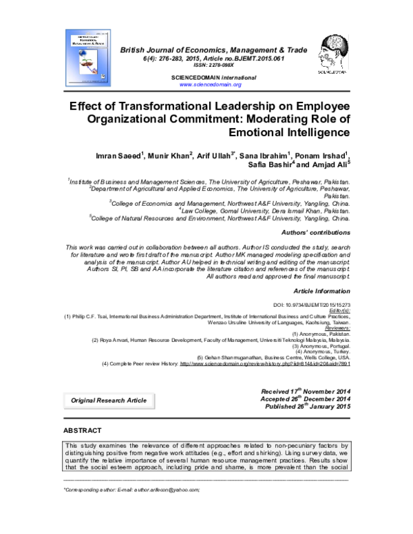 (PDF) Effect of Transformational Leadership on Employee Organizational Commitment: Moderating ...