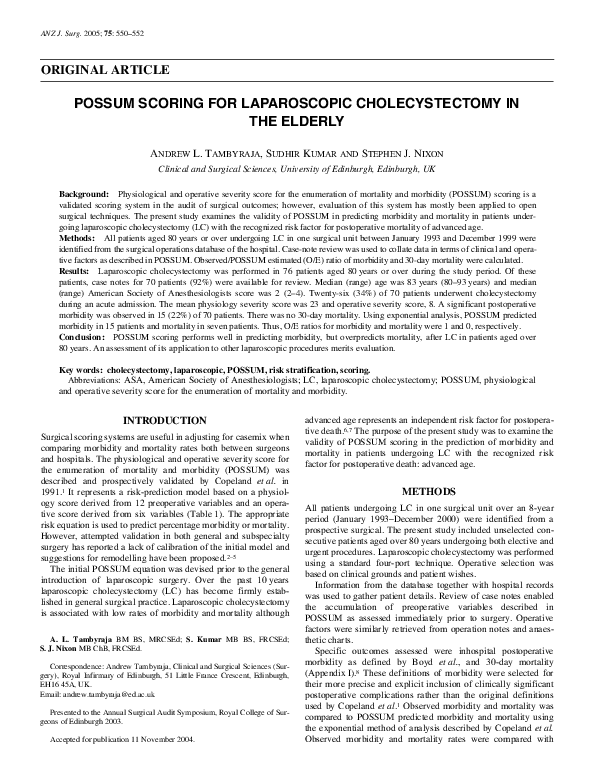 (PDF) POSSUM scoring for laparoscopic cholecystectomy in the elderly ...