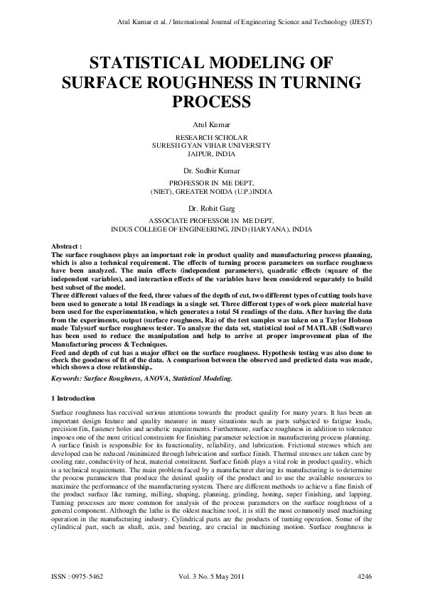 (PDF) Statistical Modeling of Surface Roughness in Turning Process
