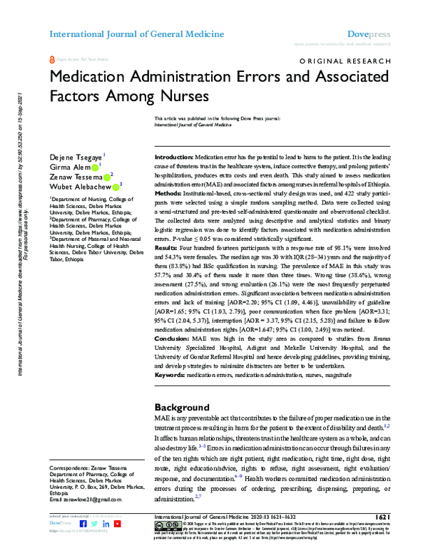 (PDF) Medication Administration Errors and Associated Factors Among Nurses