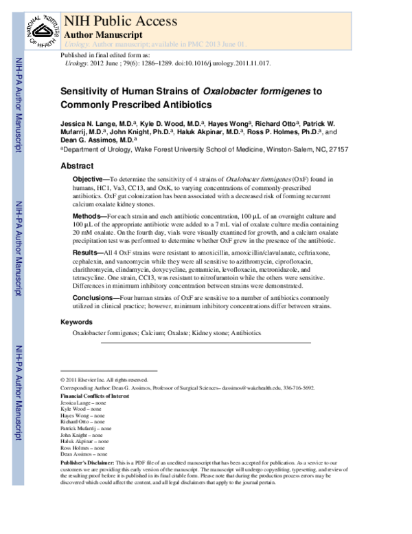 (PDF) Sensitivity of Human Strains of Oxalobacter formigenes to ...