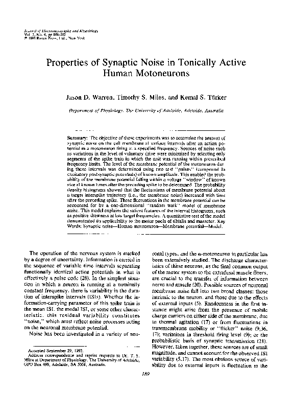 (PDF) Properties of synaptic noise in tonically active human motoneurons