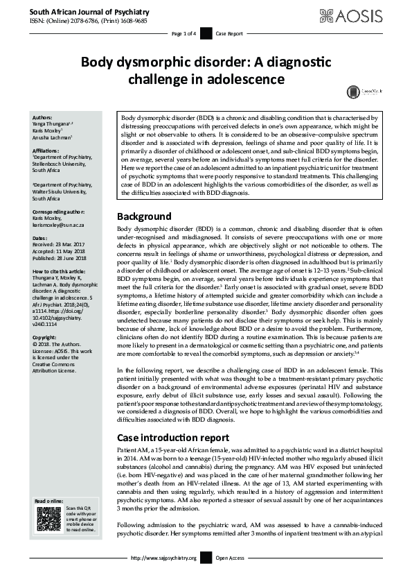 (PDF) Body dysmorphic disorder: A diagnostic challenge in adolescence