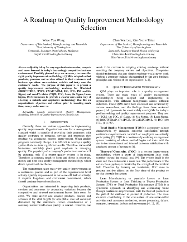 (PDF) A Roadmap to Quality Improvement Methodology Selection