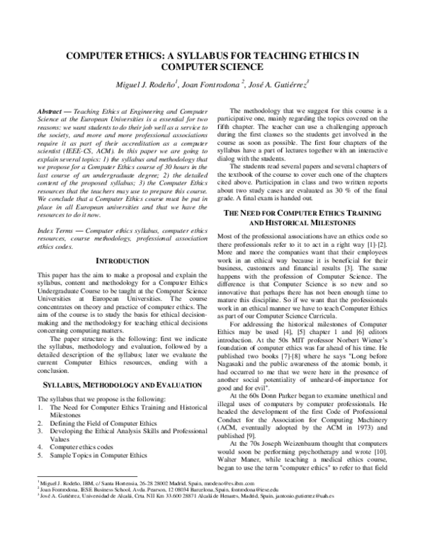 (PDF) Computer ethics: a syllabius for teaching ethics in computer science
