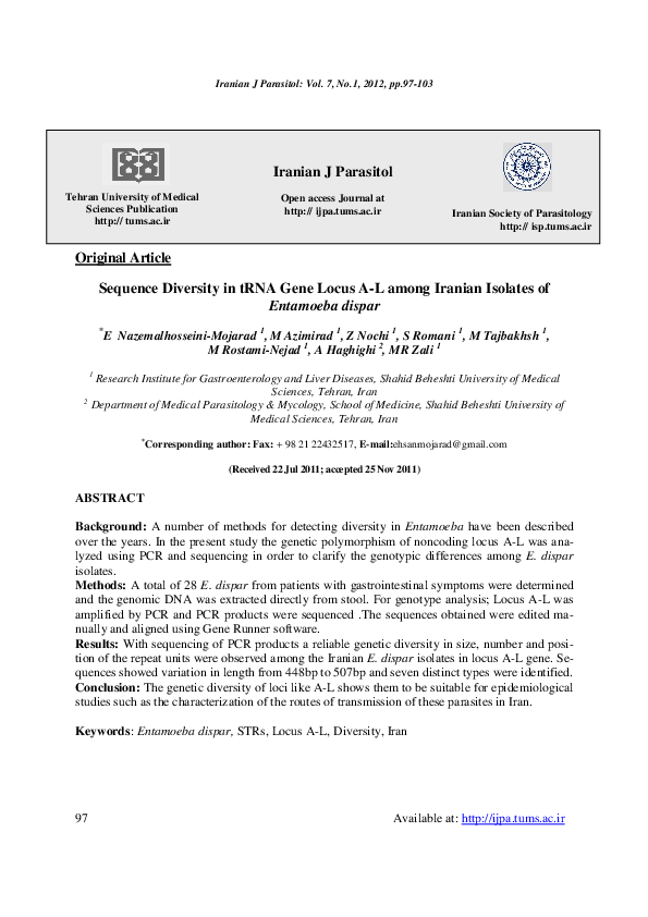 (PDF) Sequence Diversity in tRNA Gene Locus A-L among Iranian Isolates ...