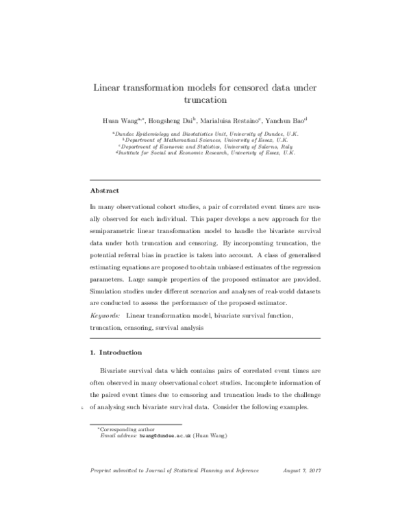 (PDF) Linear transformation models for censored data under truncation