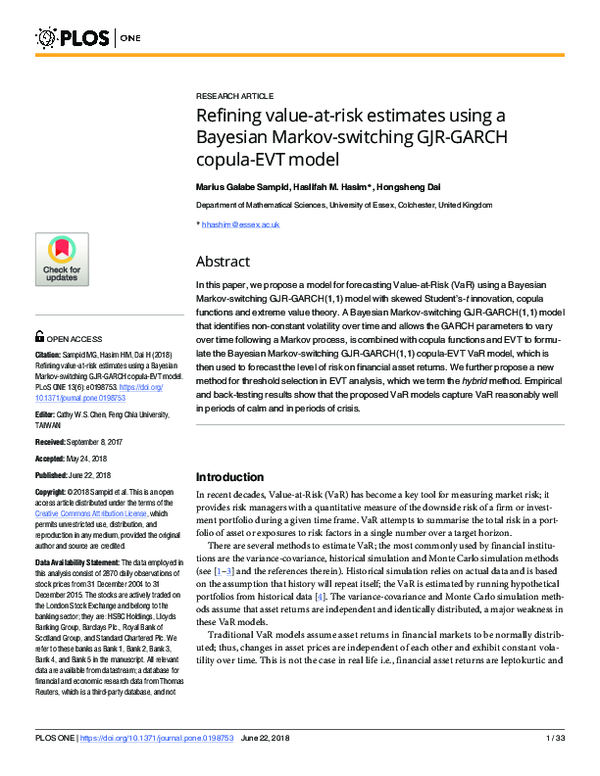 Pdf Refining Value At Risk Estimates Using A Bayesian Markov Switching Gjr Garch Copula Evt Model