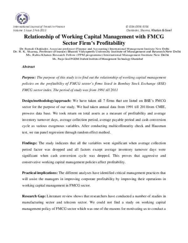 (PDF) Relationship of Working Capital Management with FMCG Sector Firm's Profitability | Rabia ...