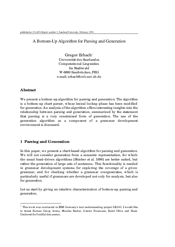 Pdf A Bottom Up Algorithm For Parsing And Generation