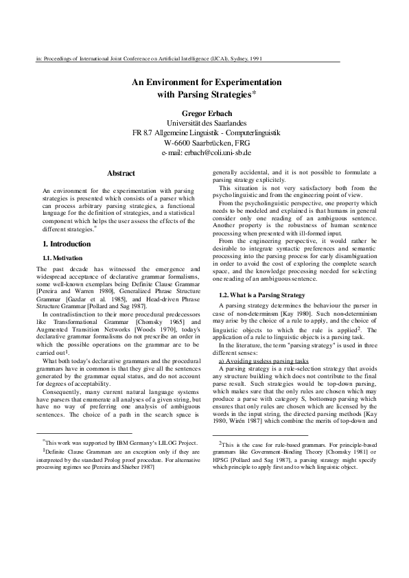 (PDF) An Environment for Experimentation with Parsing Strategies