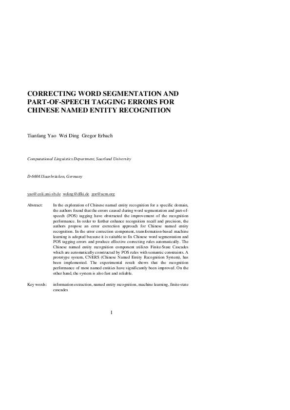 Pdf Correcting Word Segmentation And Part Of Speech Tagging Errors For Chinese Named Entity