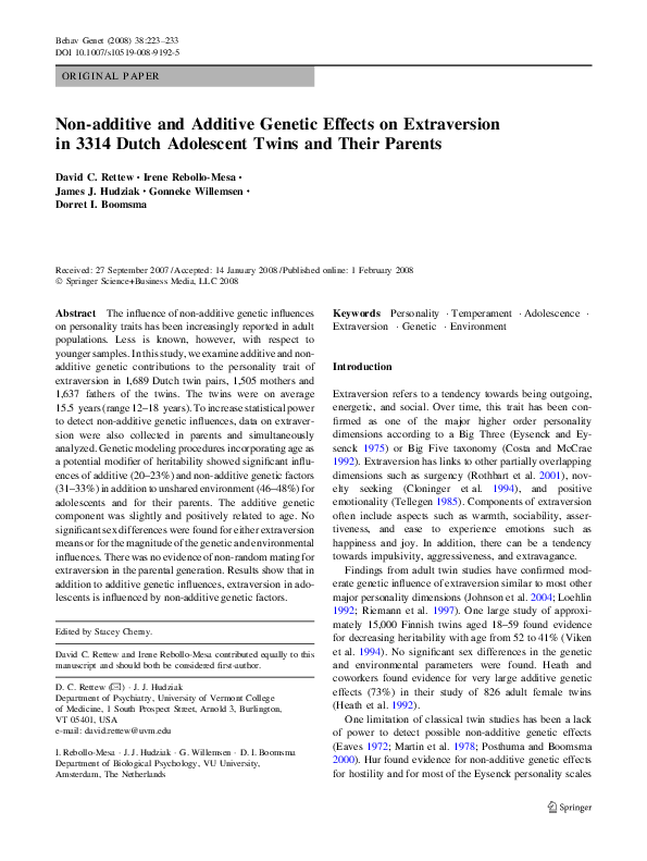 (PDF) Non-additive and Additive Genetic Effects on Extraversion in 3314 Dutch Adolescent Twins ...