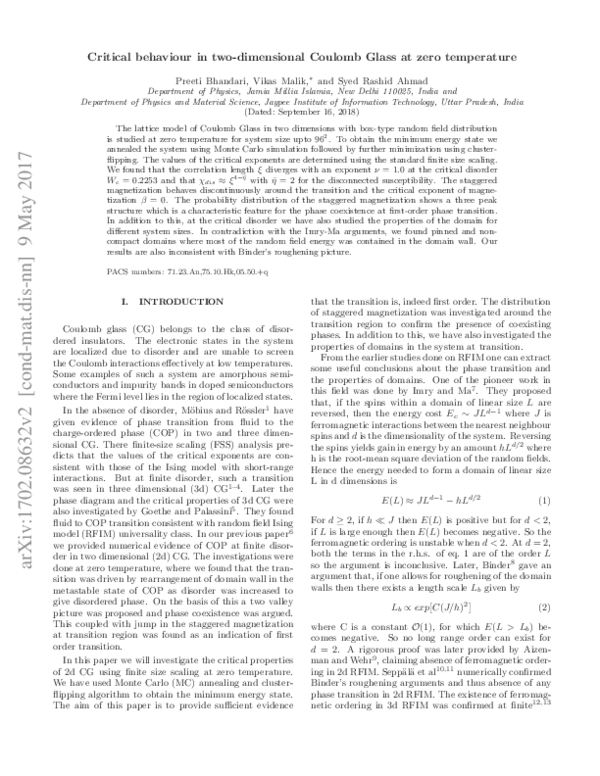 (PDF) Critical behavior of the two-dimensional Coulomb glass at zero temperature