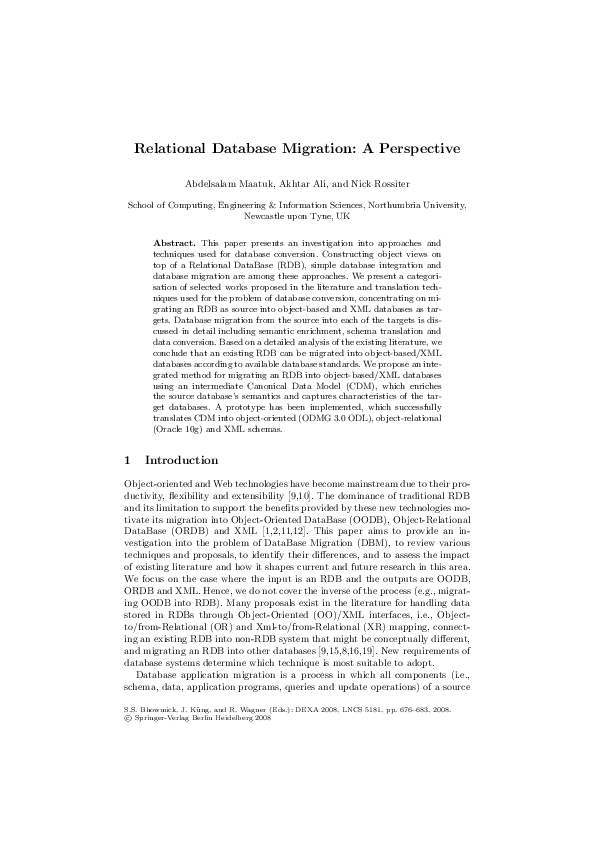 (PDF) Relational Database Migration: A Perspective