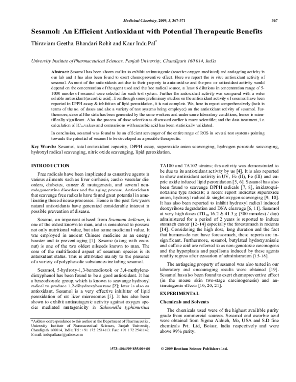 (PDF) Sesamol: An Efficient Antioxidant with Potential Therapeutic Benefits