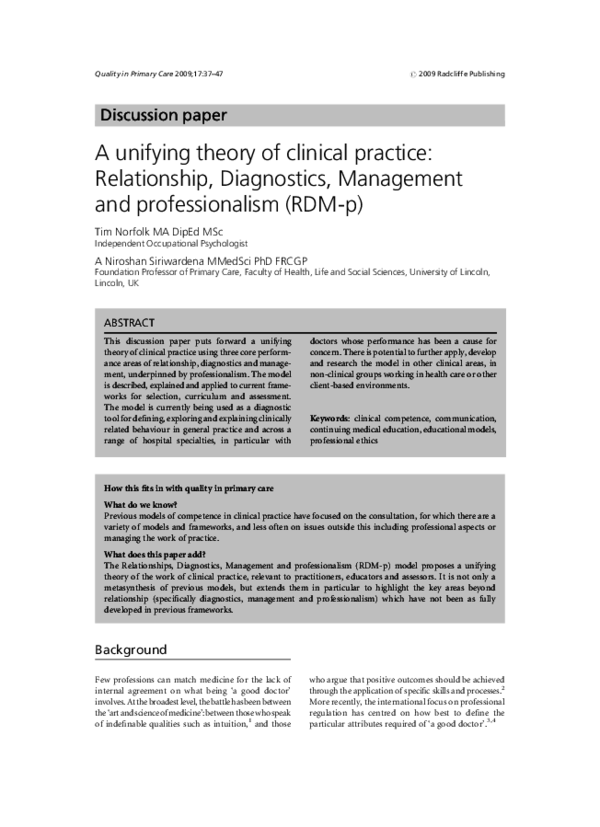 (PDF) A unifying theory of clinical practice: Relationship, Diagnostics ...
