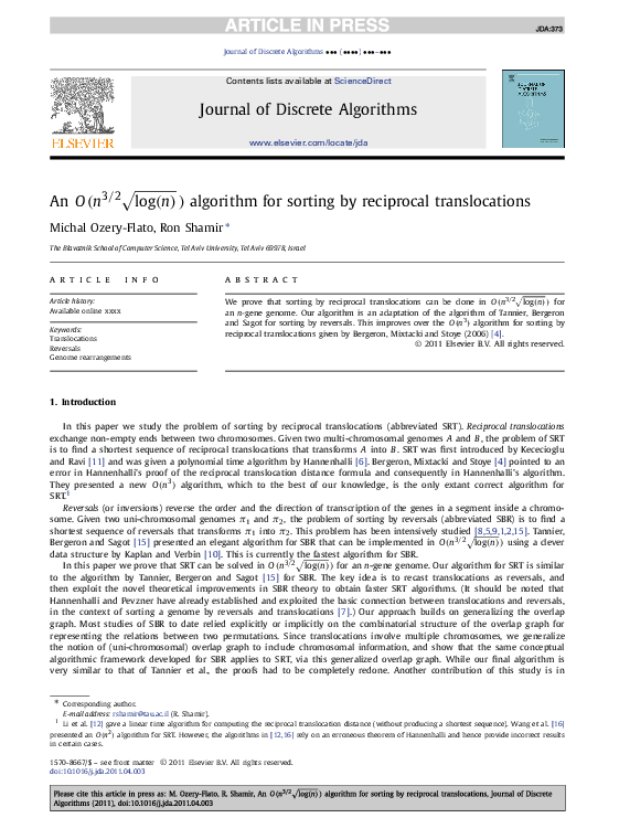(PDF) An O ( n 3 / 2 log ( n ) ) algorithm for sorting by reciprocal ...