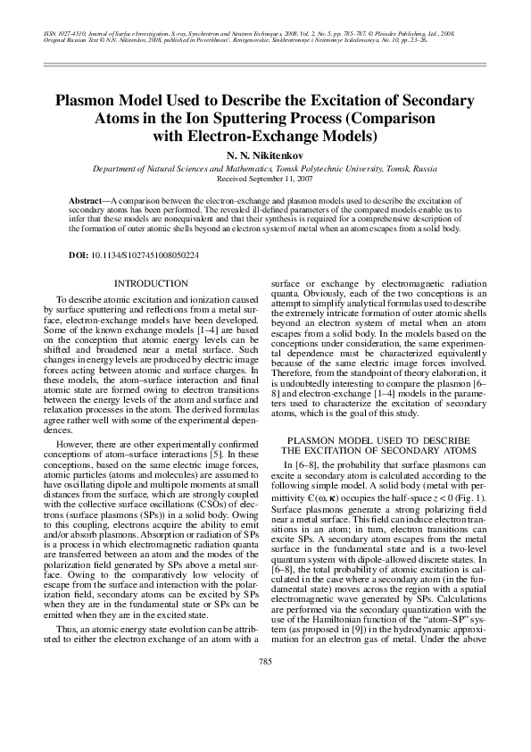 (PDF) Plasmon model for excitation of secondary atoms in ion sputtering ...