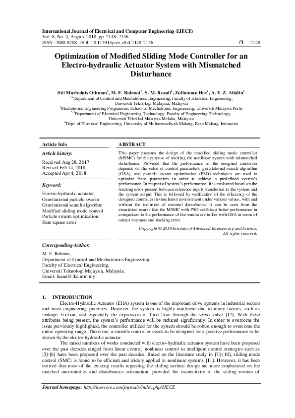 (PDF) Optimization of Modified Sliding Mode Controller for an Electro-hydraulic Actuator System ...