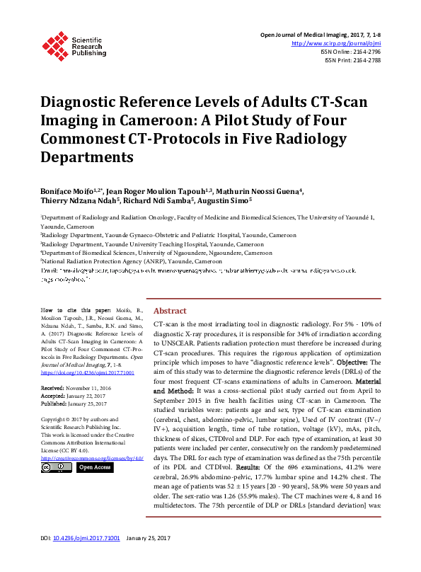 (PDF) Diagnostic Reference Levels of Adults CT-Scan Imaging in Cameroon ...