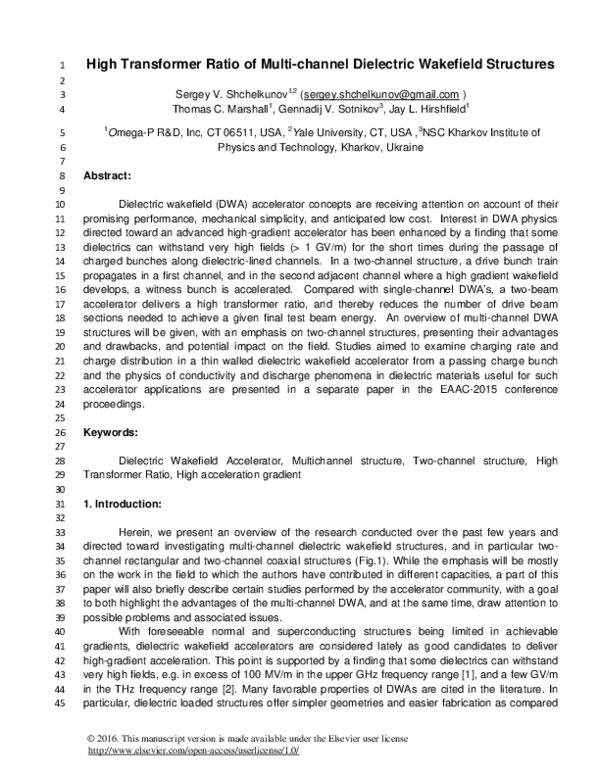 (PDF) High transformer ratio of multi-channel dielectric wakefield structures