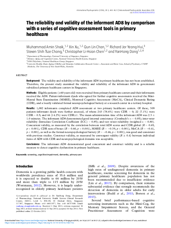 (PDF) The reliability and validity of the informant AD8 by comparison ...