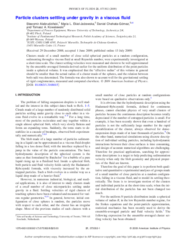 (PDF) Particle clusters settling under gravity in a viscous fluid