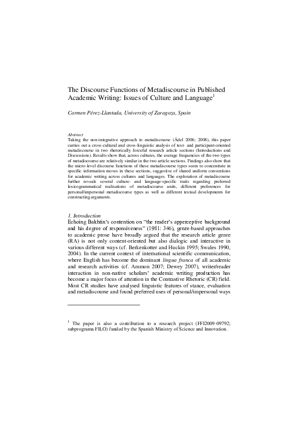 (PDF) The Discourse Functions of Metadiscourse in Published Academic Writing: Issues of Culture ...