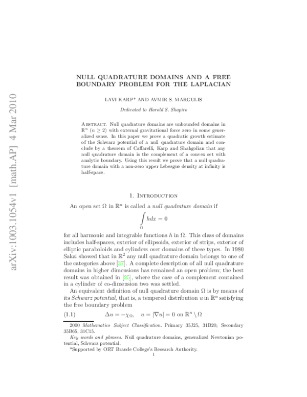 (PDF) Null quadrature domains and a free boundary problem for the Laplacian