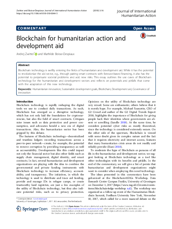(PDF) Blockchain for humanitarian action and development aid